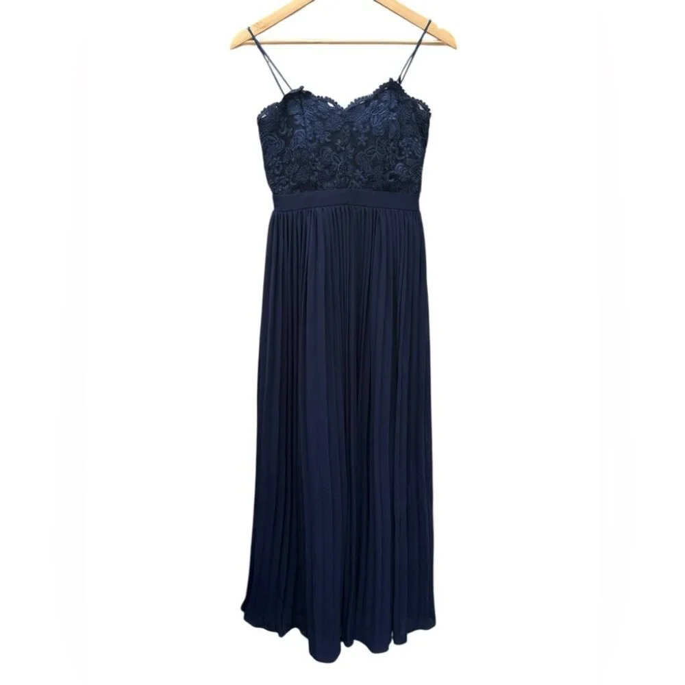 Lulus | Dresses | Lulus Navy Blue Lace Bodice Pleated Maxi Dress ...